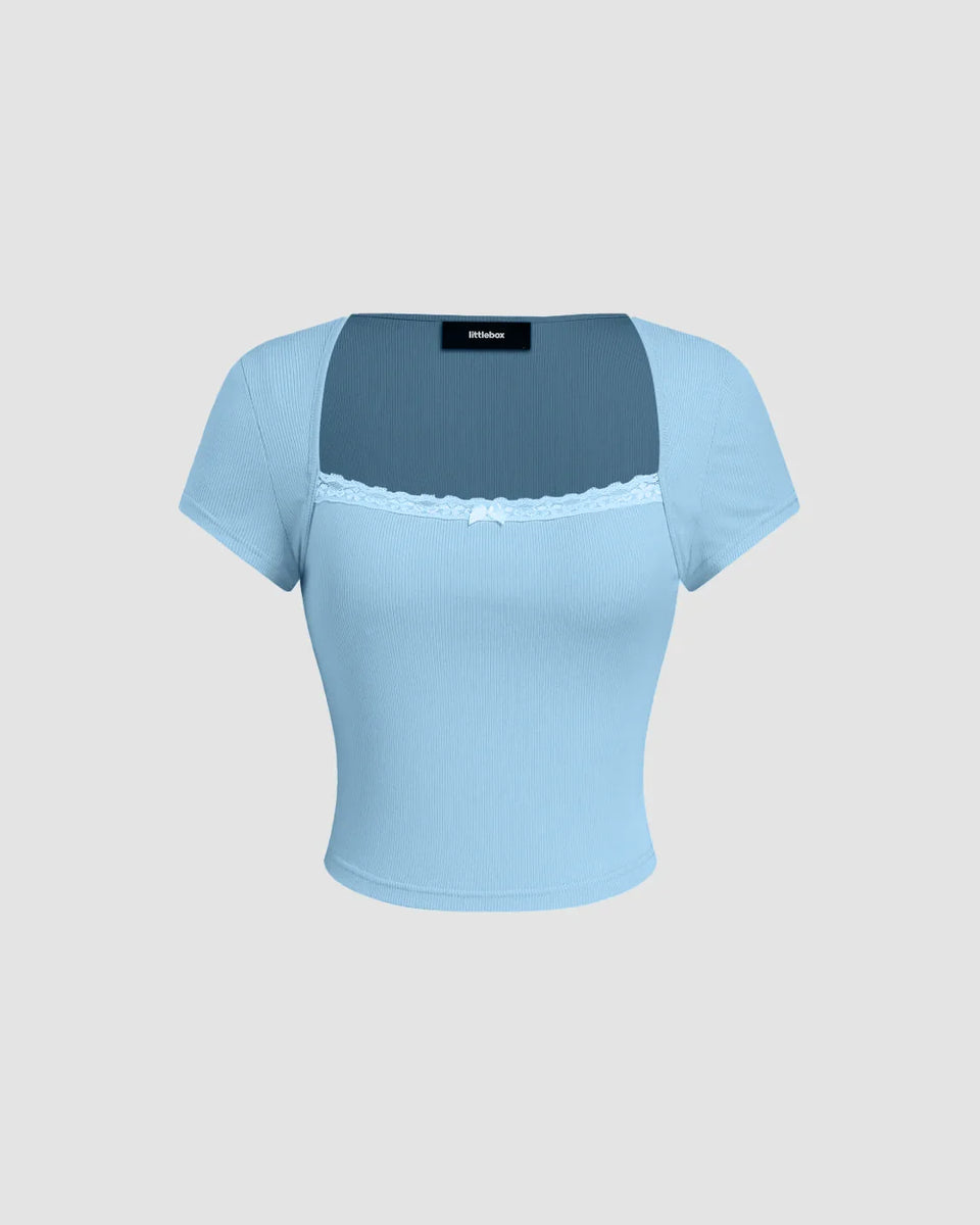 Powder Blue Fitted Top with Sheer Neckline Detail - Littlebox India