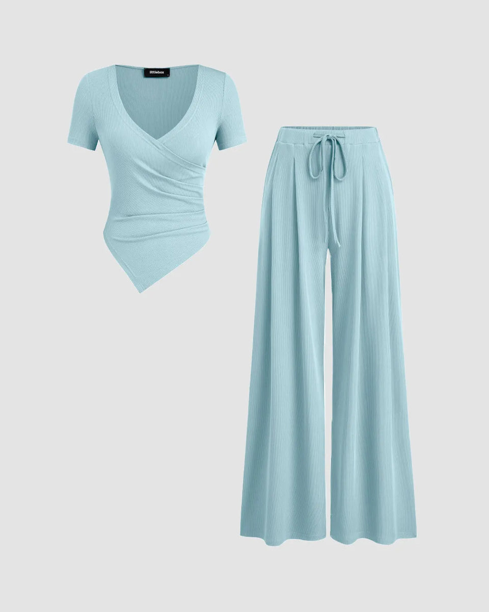 Powder Blue Wrap V-Neck Top & Wide Leg Pants - Littlebox India