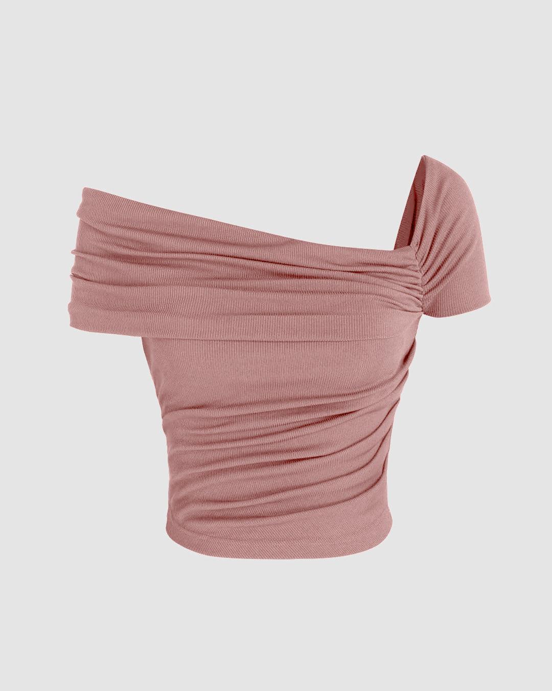 Ruched Off-Shoulder Short Sleeve Crop Top In Dusty Pink – Littlebox India