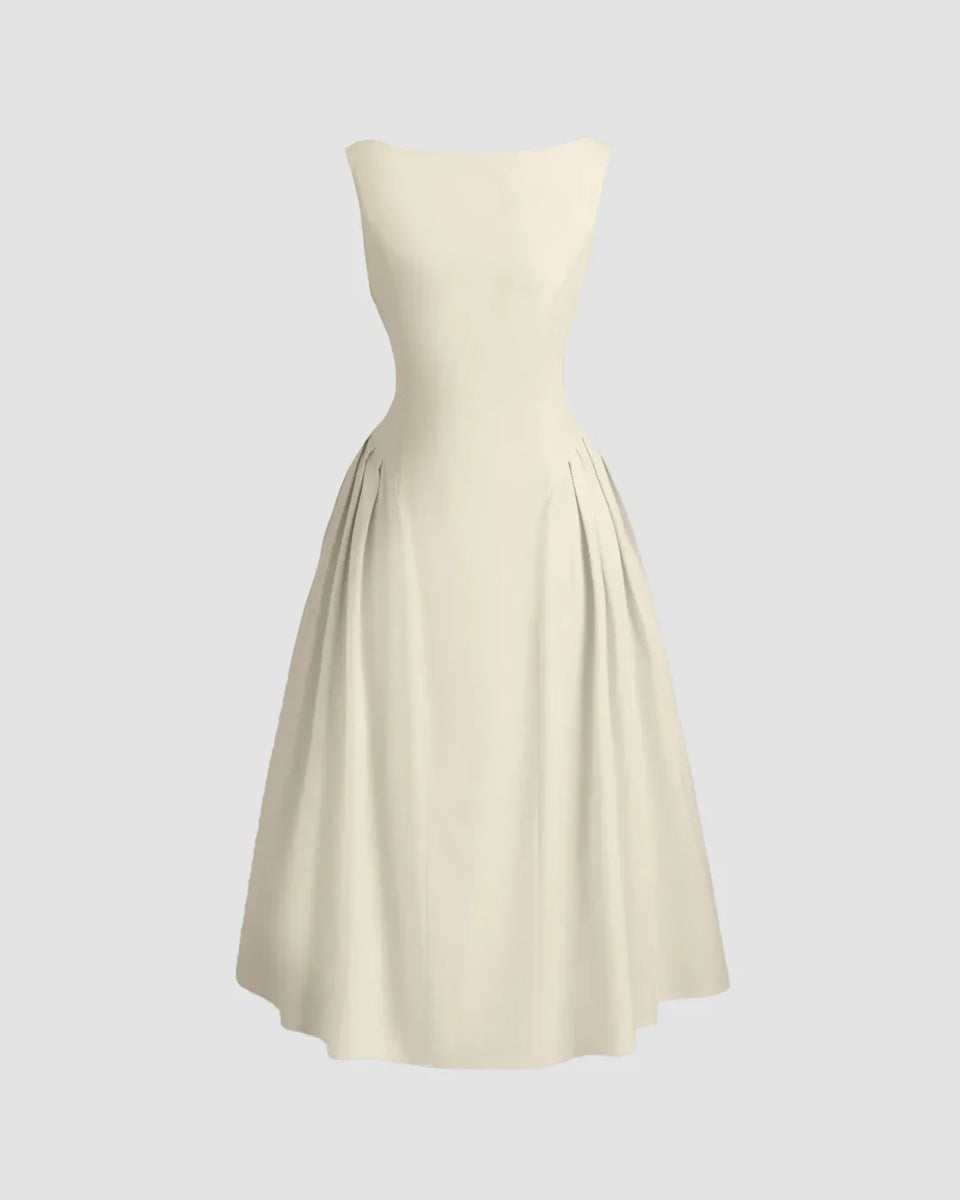 Sleeveless Flared Midi Dress in Beige - Littlebox India