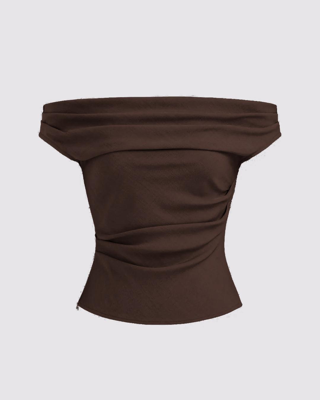Solid Color Off-Shoulder Ruched Chocolate Brown Top – Littlebox India