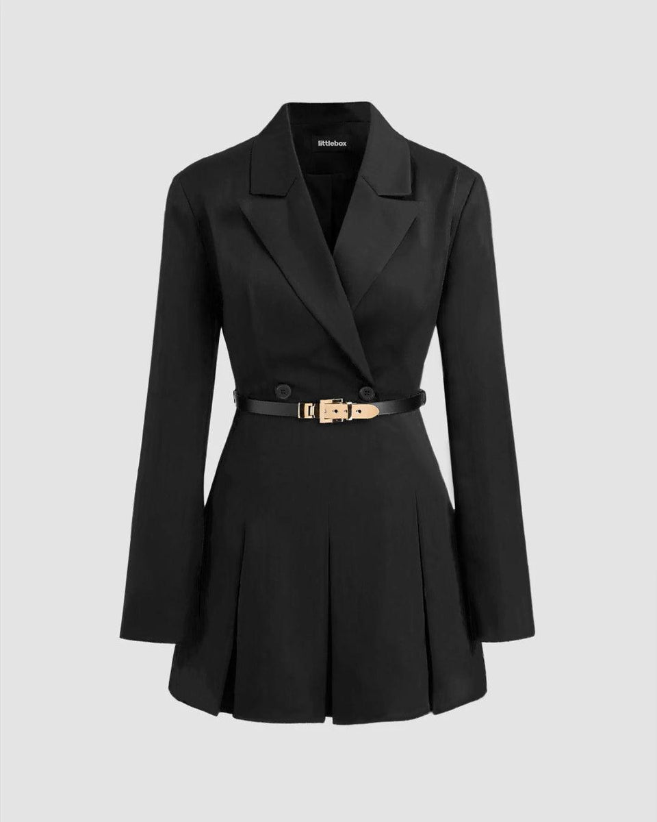 Solid Color Split Button Blazer Mini Dress Without Belt In Black ...