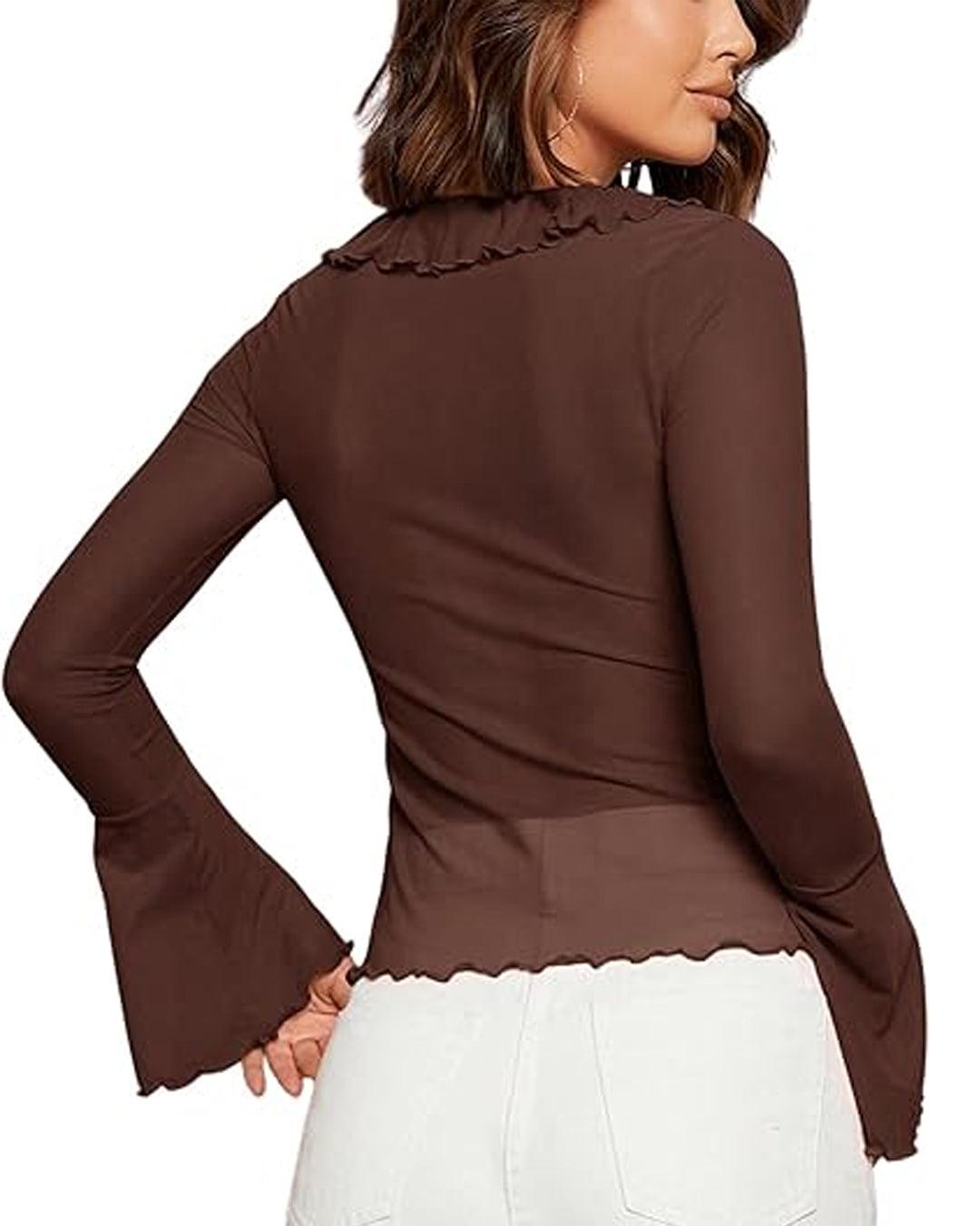 Solid Ruffle Trim Lace Up V-Neck Flare Sleeve Coco Brown Top ...