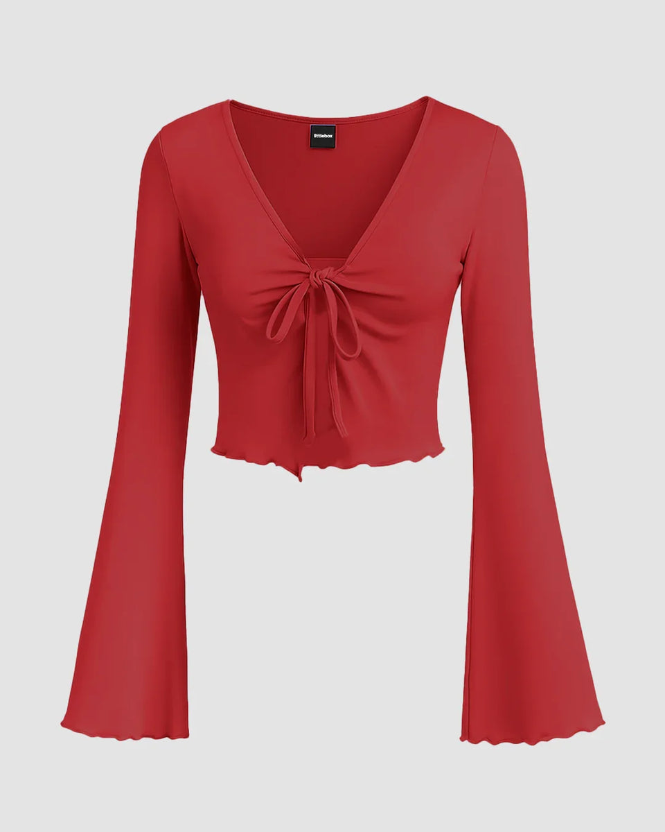 Tie Front Bell Sleeve Crop Top in Dark Red - Littlebox India