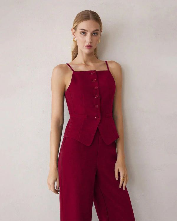 Spaghetti Strap Button Top & Straight-Leg Trouser Matching Set in ...
