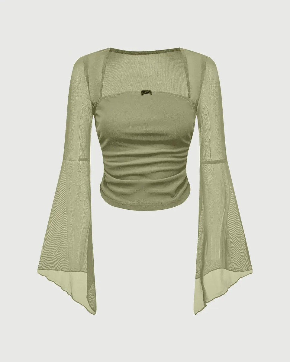 Square Neck Bow Decorated Long Sleeve Green Top – Littlebox India