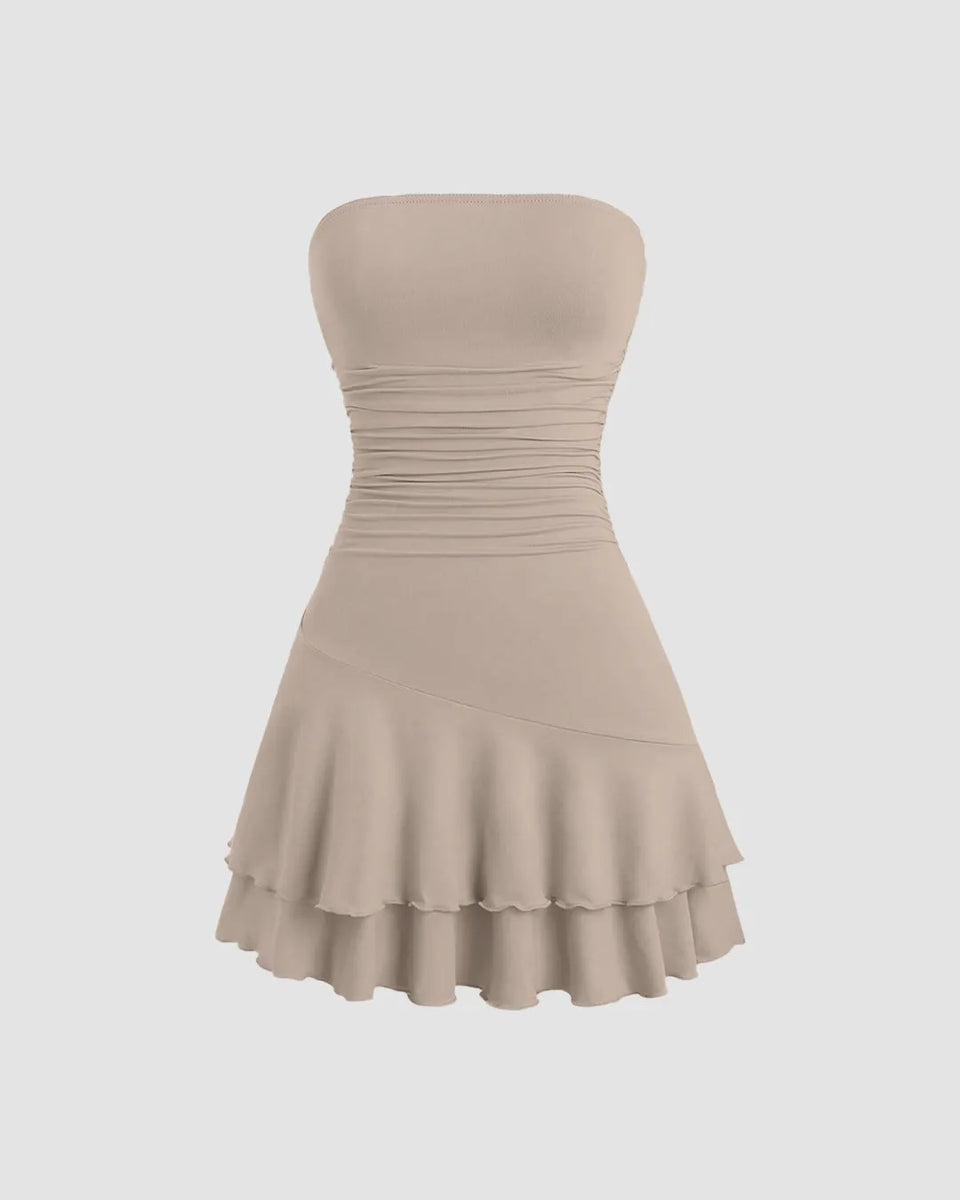 Strapless Ruched Layered Mini Dress in Beige – Littlebox India