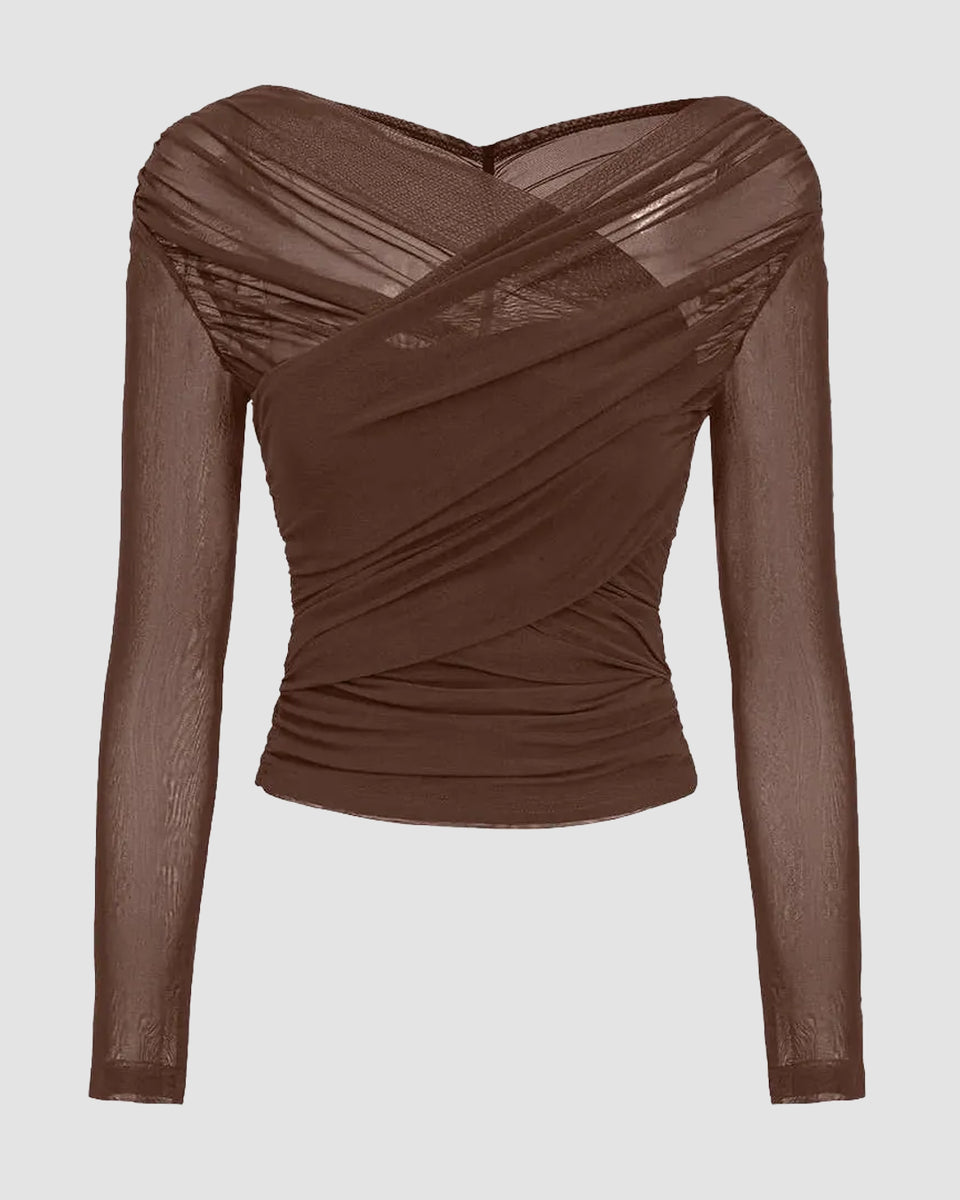 Sheer Mesh Long Sleeve Top In Coco Brown - Littlebox India