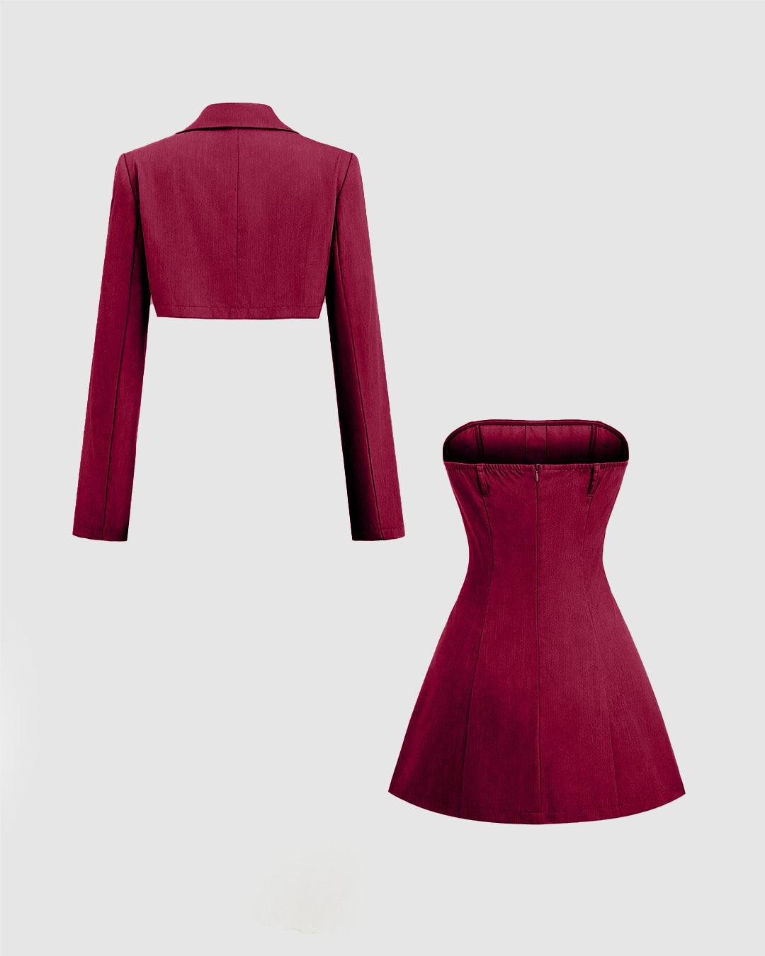 Turndown Collar Blazer & Bustier Two Piece Dress In Burgundy ...