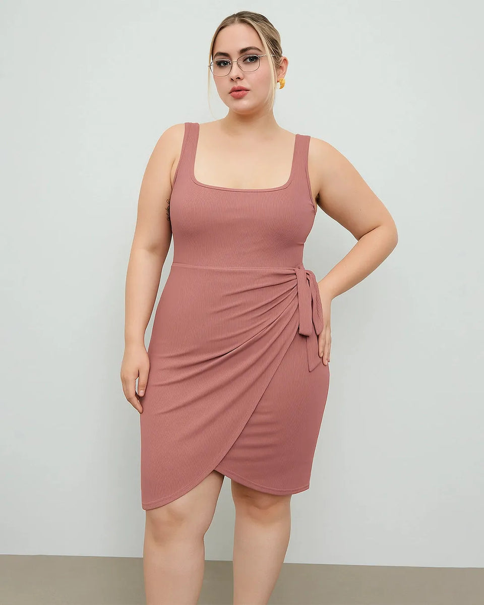 U-neckline Knotted Ruched Sleeveless Pink Mini Dress Curve & Plus – Littlebox India