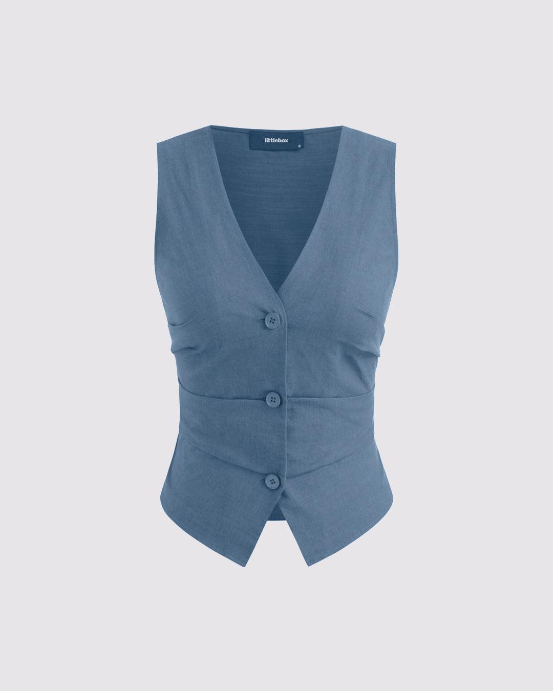 V-neck Solid Button Vest & Mid Rise Pocket Wide Leg Trousers In Blue – Littlebox India