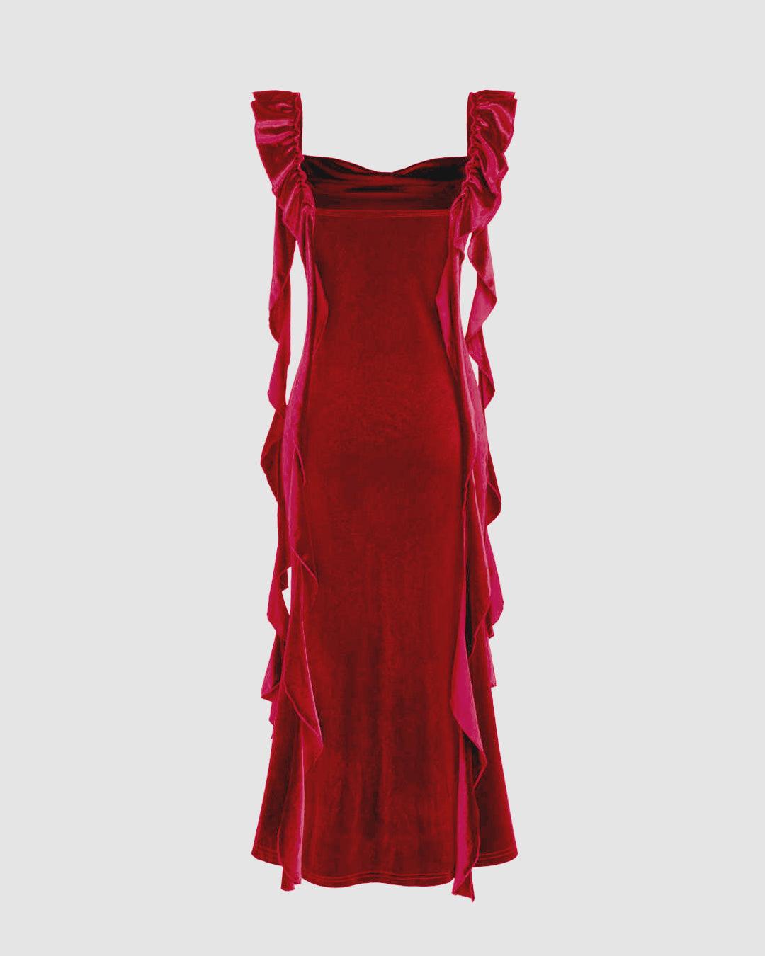 Velvet Cowl Neck Solid Ruffle Maxi Dress In Red – Littlebox India