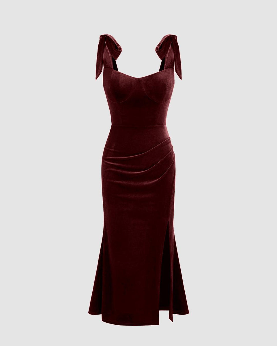 Velvet Sweetheart Neckline Split Ruched Knotted Maxi Dress In Cherry R ...