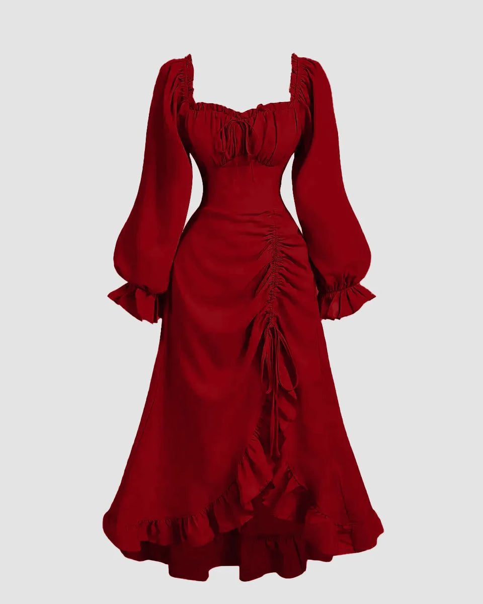 Drawstring Ruffle Long Dress In Cherry Red - Littlebox India