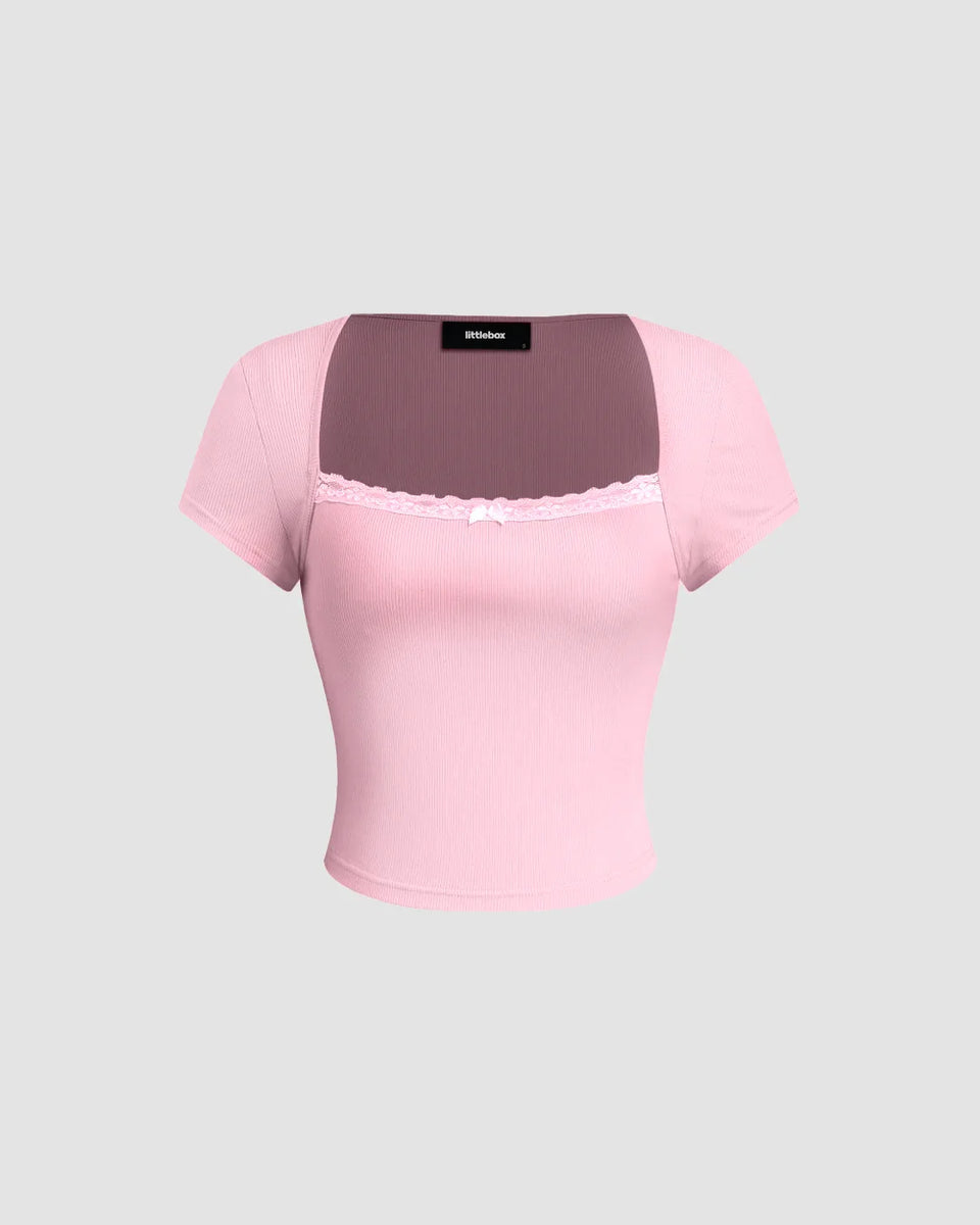 Baby Pink Ribbed Square Neck Lace Trim Top – Littlebox India