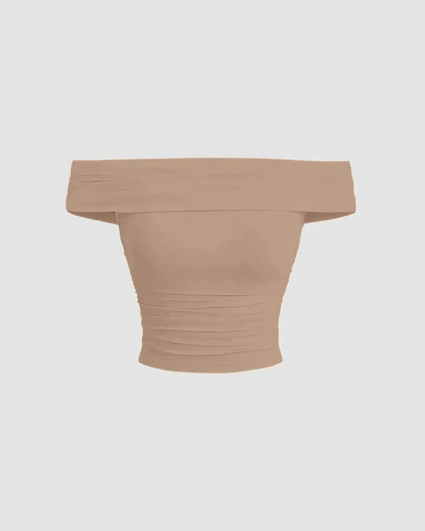 Off-Shoulder Ruched Crop Top in Beige – Littlebox India