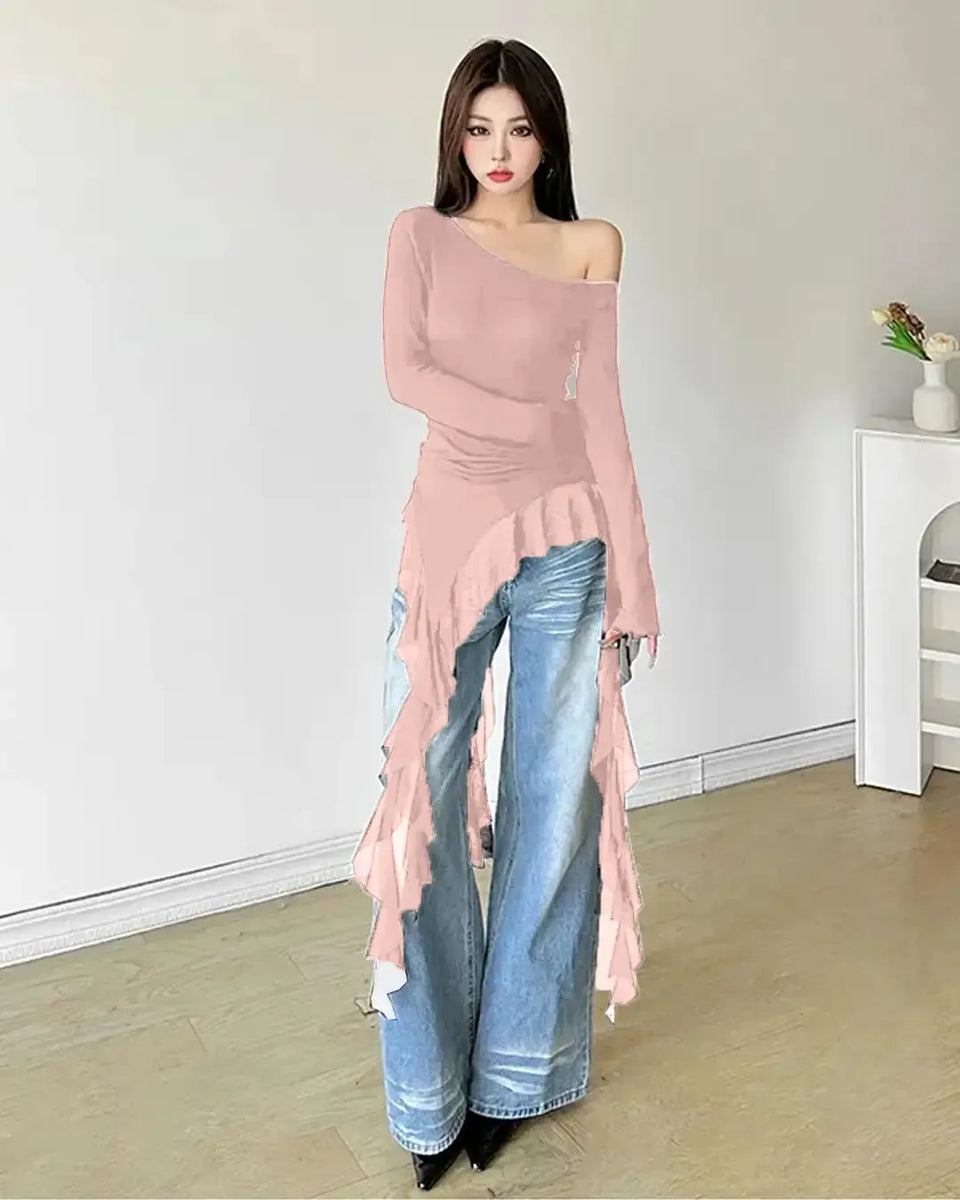 Long Sleeve One Shoulder Plain Asymmetrical Ruffle Top In Light Pink ...