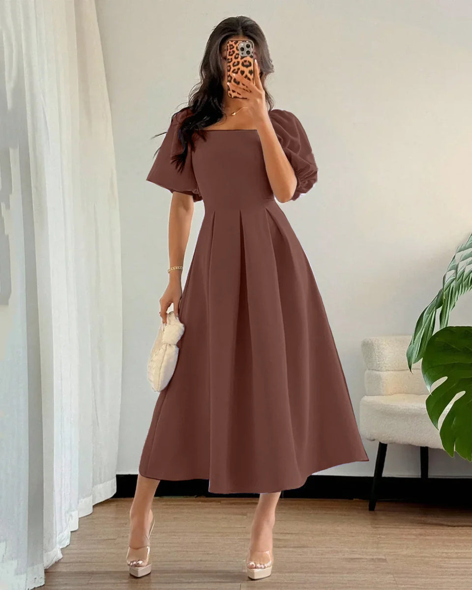 Minimalist Pleated Hem A Line Dress With Puff Sleeves in Brown ...