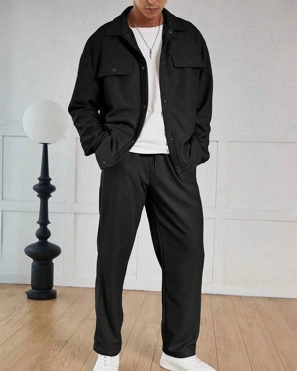 Men Waffle Texture Jacquard Shirt Set In Black – Littlebox India