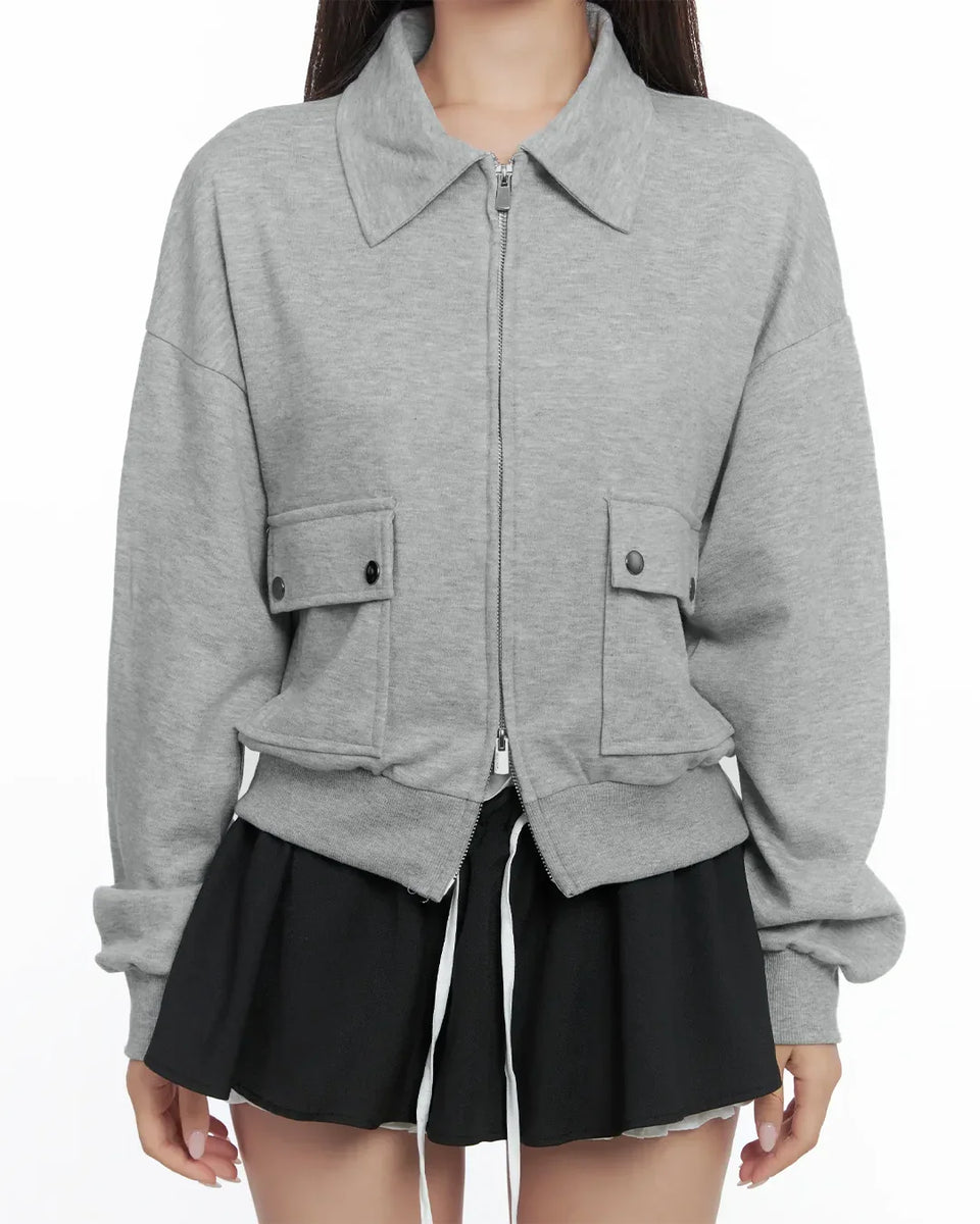 Mélange Zip Up Collar Long Sleeve Jacket with Front Pockets – Littlebox ...