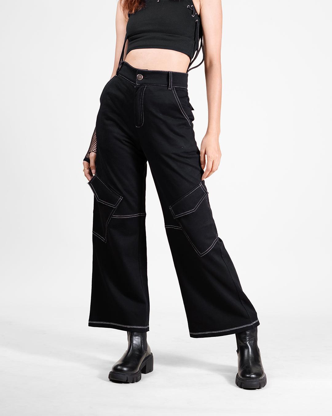 Acubi Style Tilted Pockets Baggy Womens Cargo In Black – Littlebox India