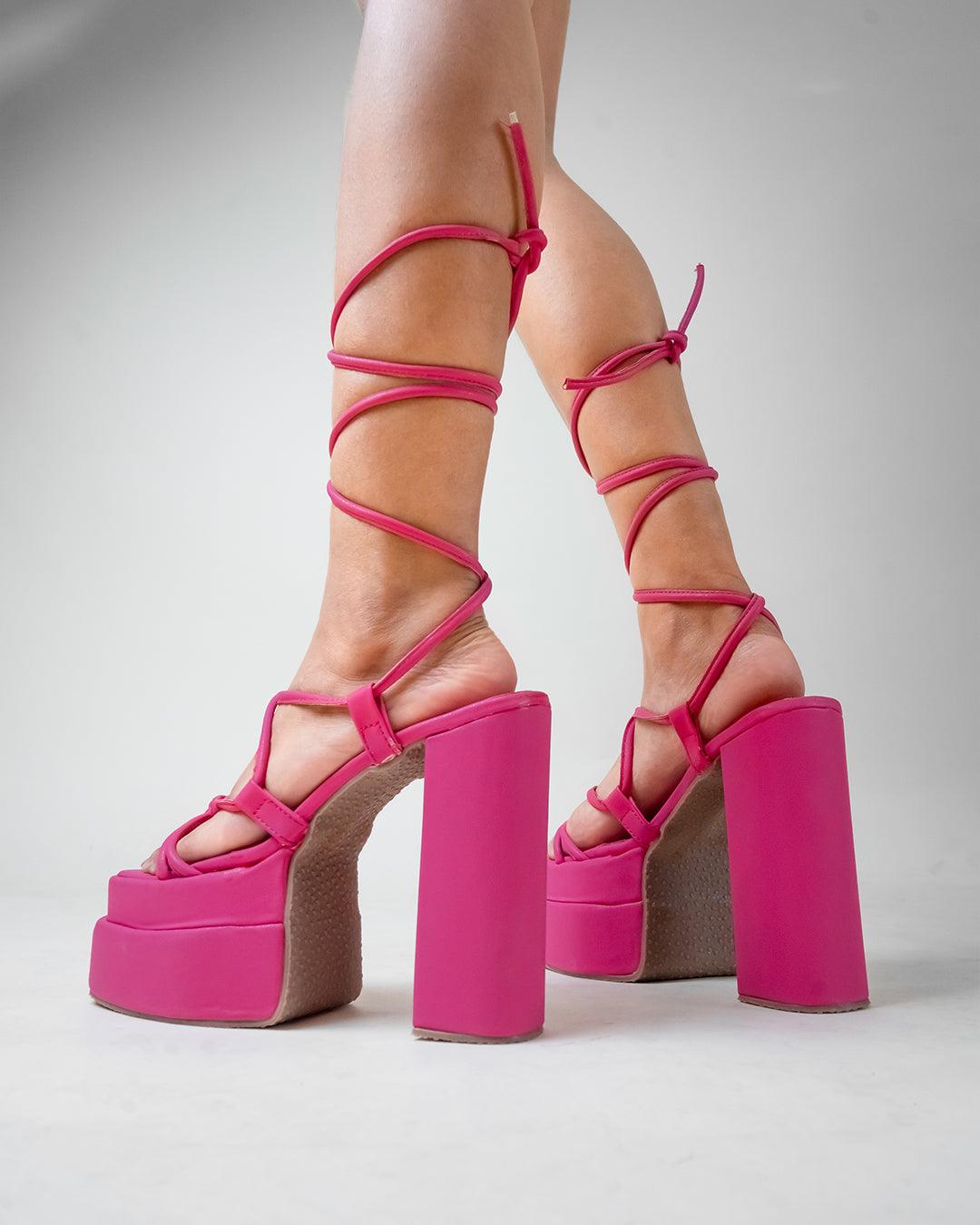 Pink Platform Heels with Lace Up Chunky Heel Design - Littlebox India