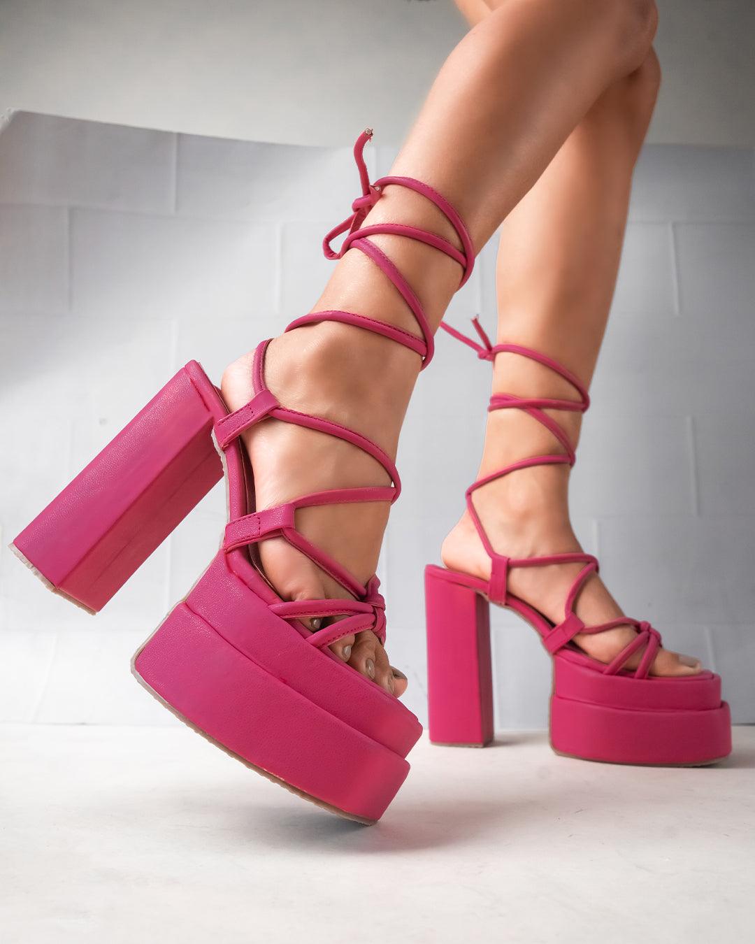 Pink Platform Heels with Lace Up Chunky Heel Design - Littlebox India