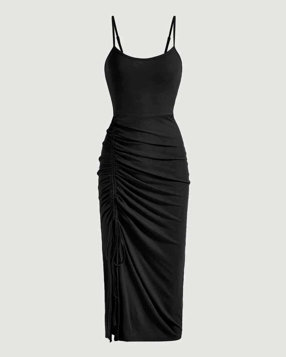 Drawstring Ruched Bodycon Midi Dress in Black - Littlebox India